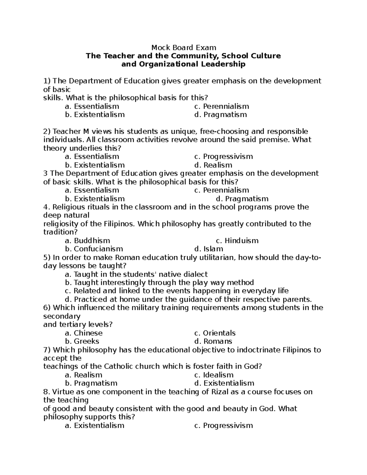Mock Board Exam - The questionnaire is a practice material for the BSED ...