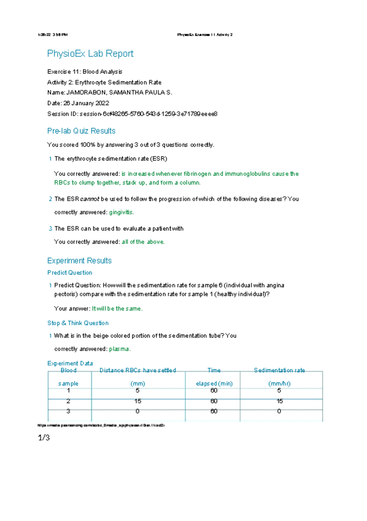 Physio Ex Exercise 11 Activity 2 Erythrocyte Sedimentation Rate - 1/26 ...