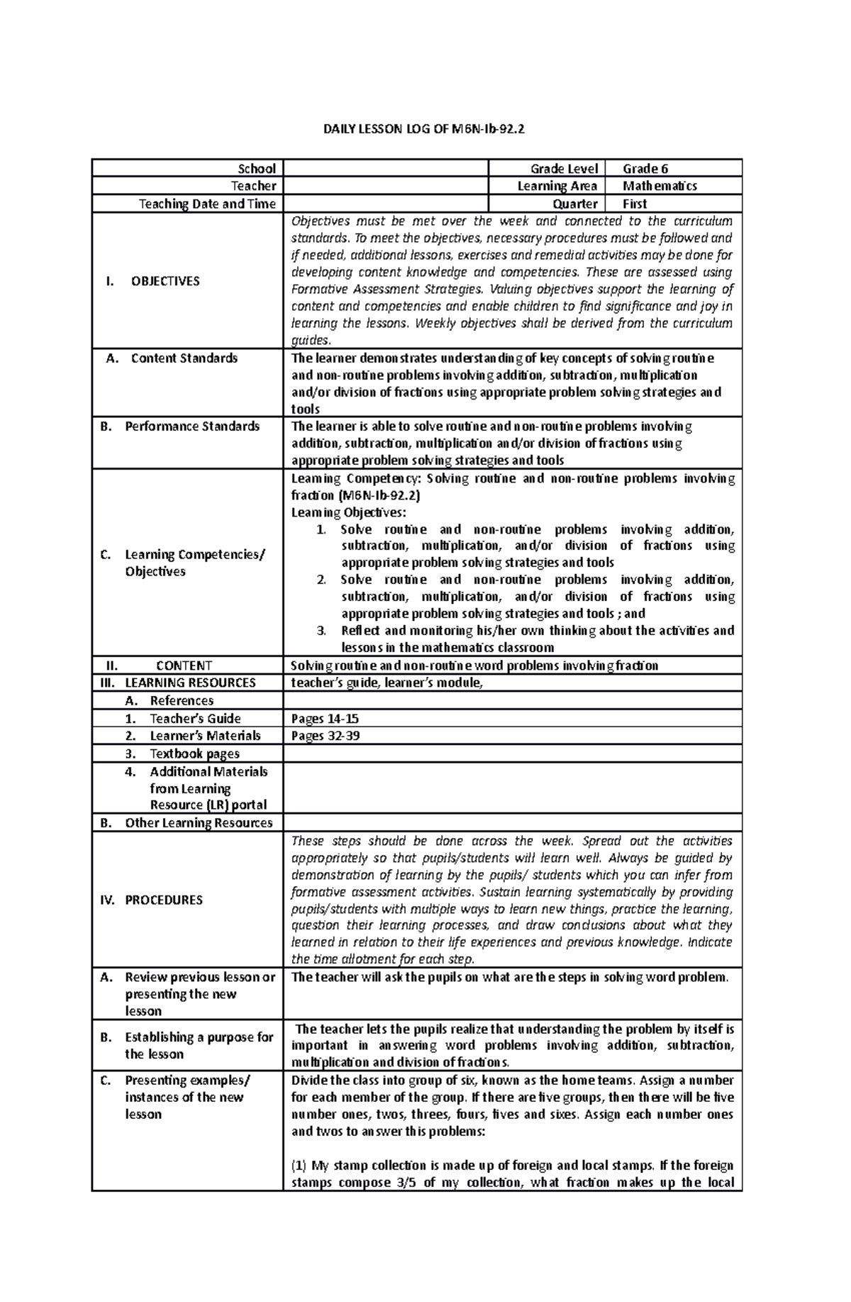 I-Day 8 - MATH DAY 8 - DAILY LESSON LOG OF M6N-Ib-92. School Grade ...