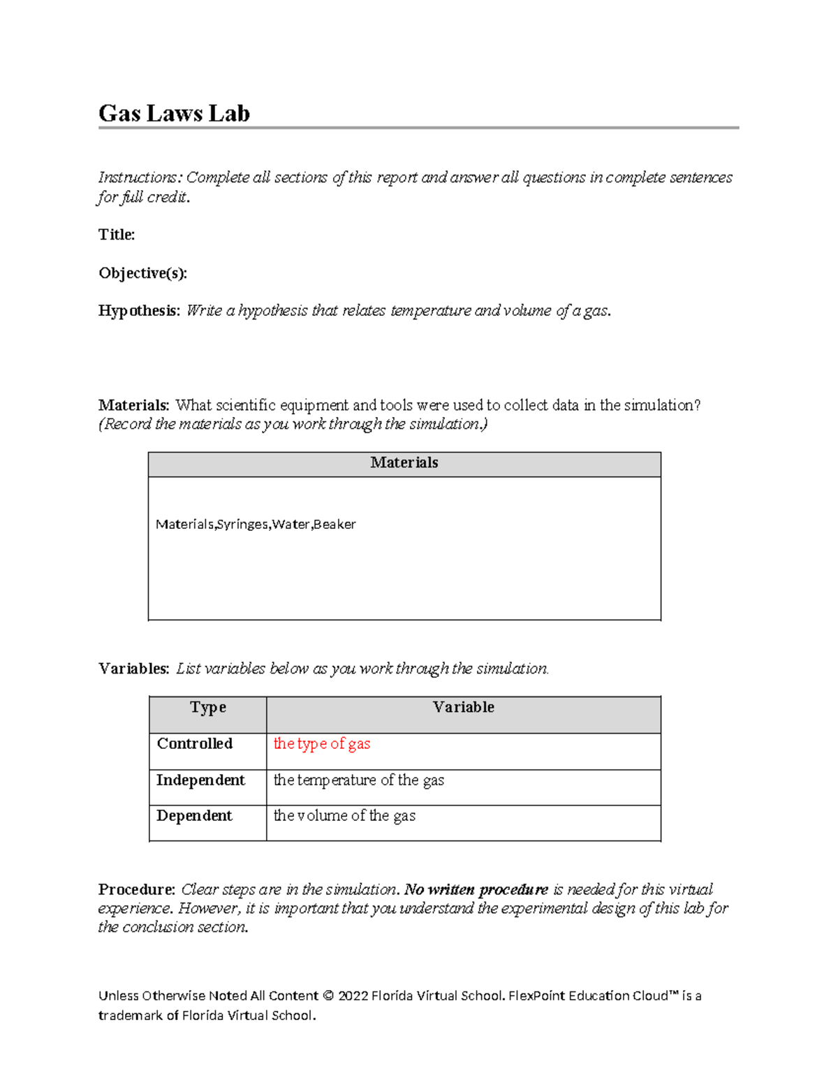 Lab re666port - leb report module 6 flvs - Gas Laws Lab Instructions ...