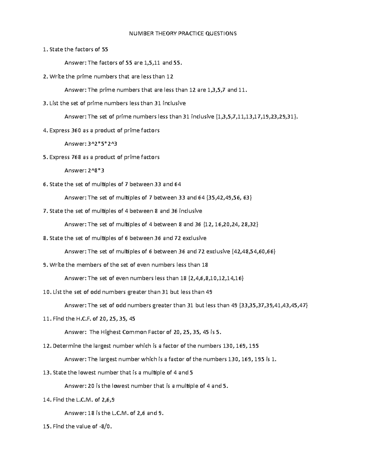 Number Theory Practice Questions - NUMBER THEORY PRACTICE QUESTIONS ...