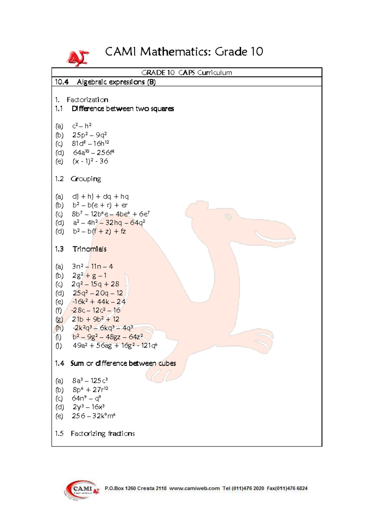 Grade 10 Factorization - GRADE 10_CAPS CurriculumGRADE 10_CAPS ...