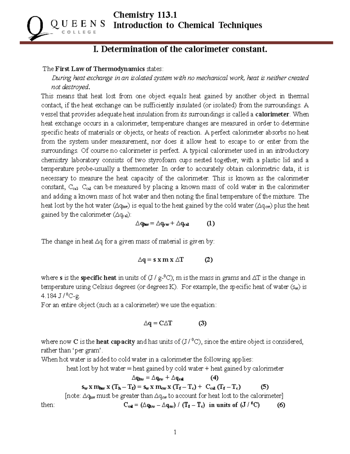 Experiments 11-12 - Chemistry 113. Introduction to Chemical Techniques ...