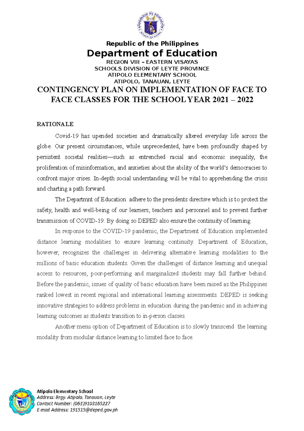 AES Contingency Plan to be edited - Department of Education REGION VIII ...