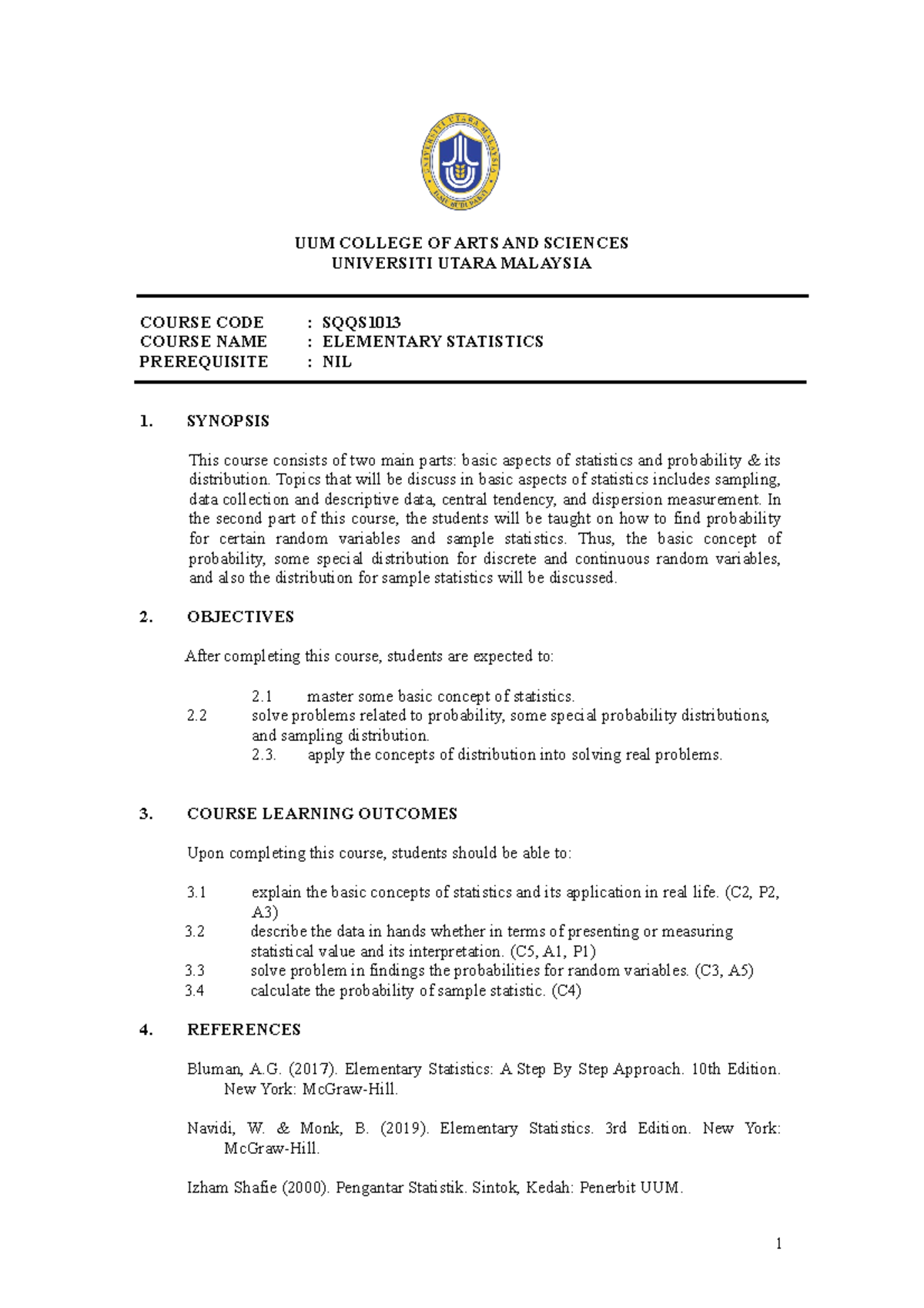 A211 Syllabus Student SQQS1013 - UUM COLLEGE OF ARTS AND SCIENCES ...