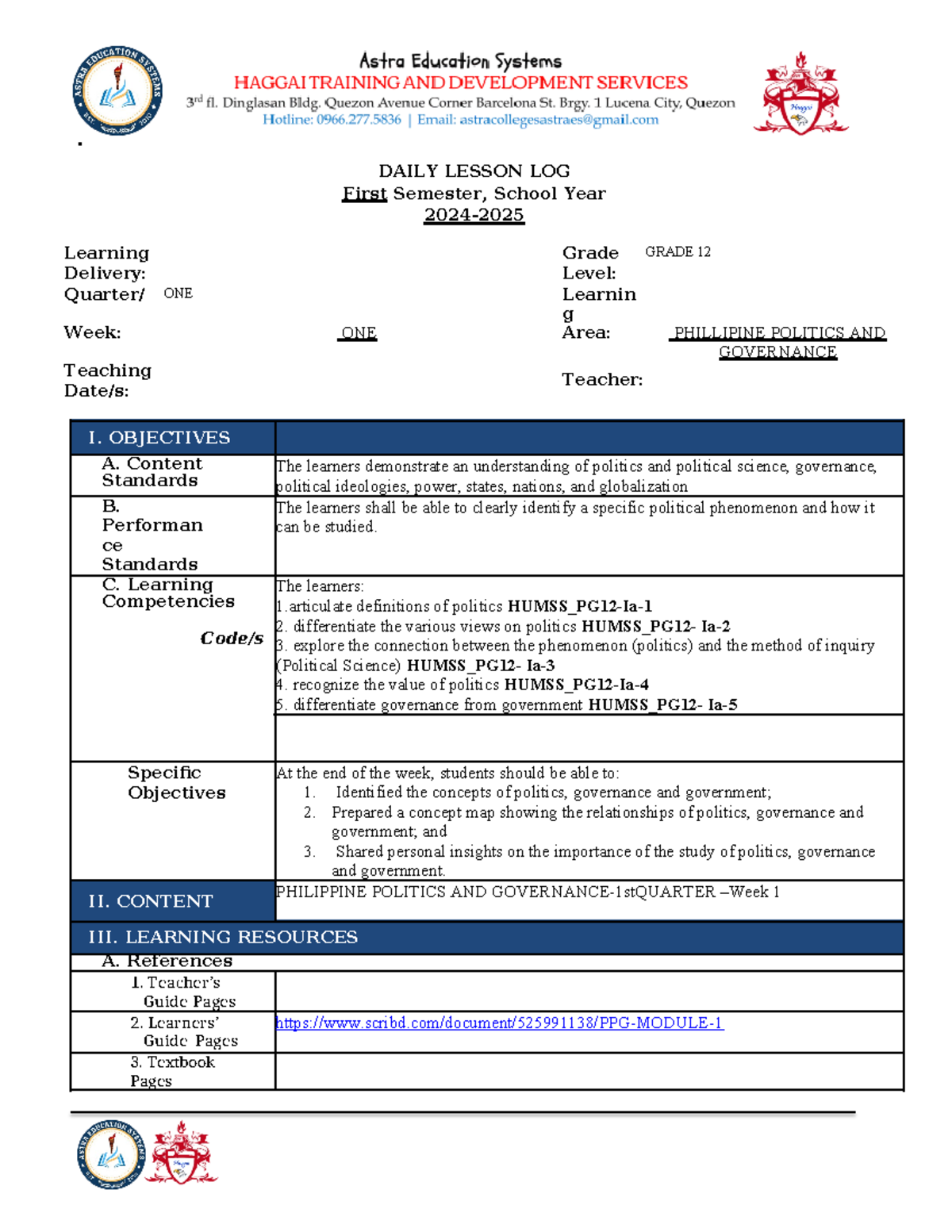 WEEK 1 PPG - DLL - DAILY LESSON LOG First Semester, School Year 2024 ...
