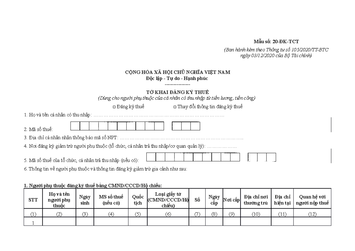 Mau 20-DK-TCT theo Thong tu 105 - Mẫu số: 20-ĐK-TCT (Ban hành kèm theo Thông tư số 105/2020/TT ...