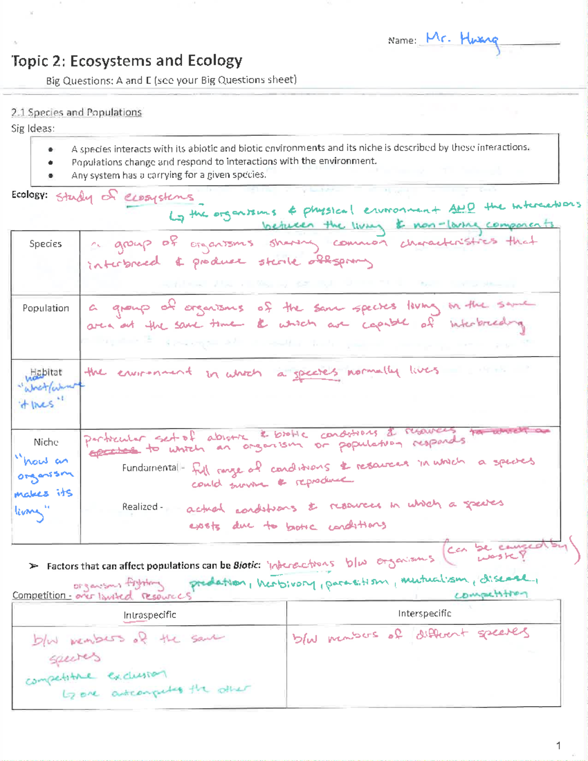 ESS Notes for IB - Name: Mr. Hwang Topic 2: Ecosystems and Ecology Big ...