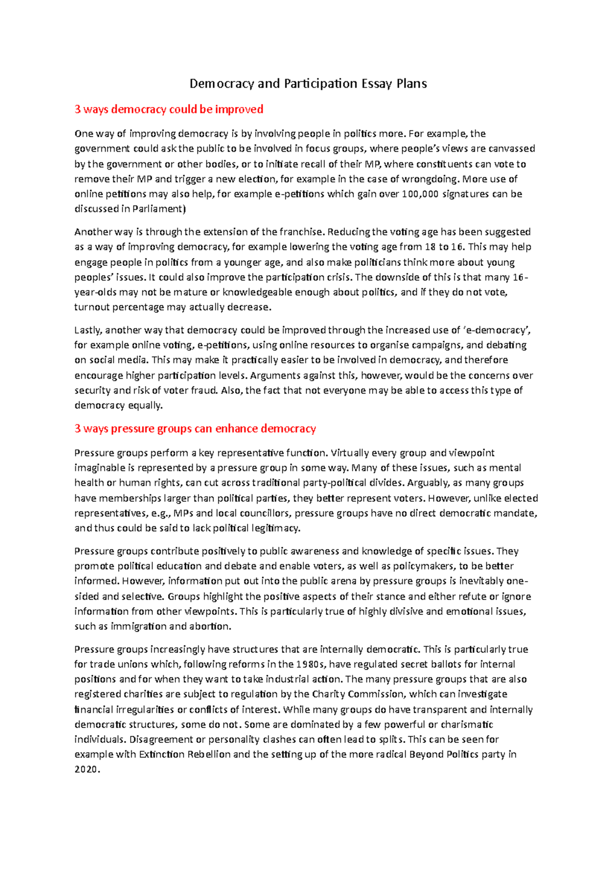 Democracy and Participation Essay Plans - For example, the government ...