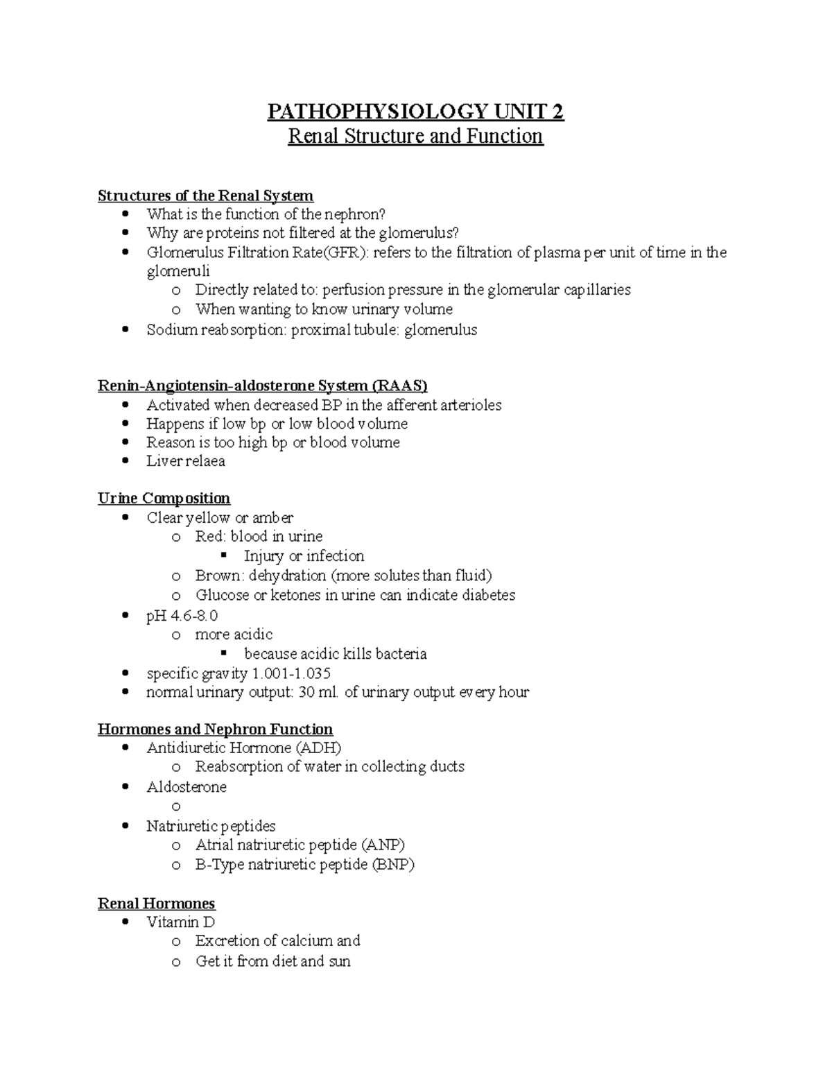 Patho- Renal Structure and Function - PATHOPHYSIOLOGY UNIT 2 Renal Structure and Function ...