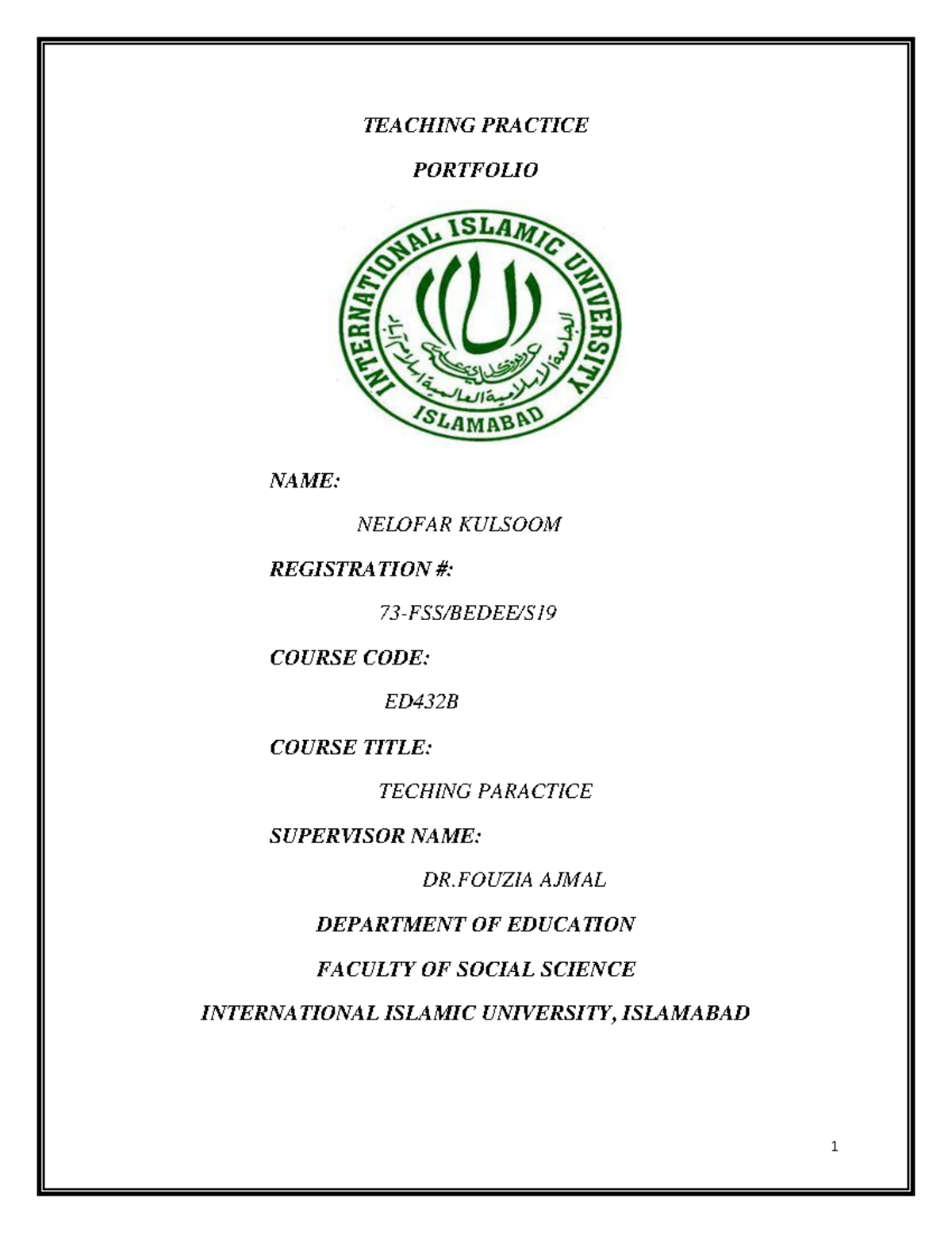 Lesson Plans on different topics - TEACHING PRACTICE PORTFOLIO NAME: NELOFAR KULSOOM ...