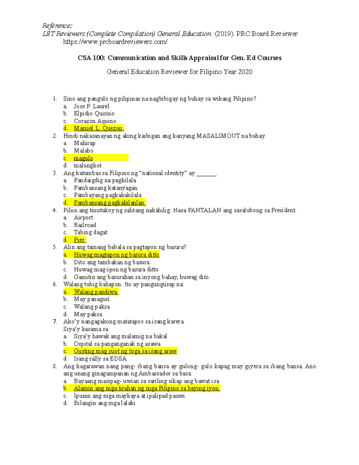 Review Questionnaire Filipino 2020- with answer - LET Reviewers ...