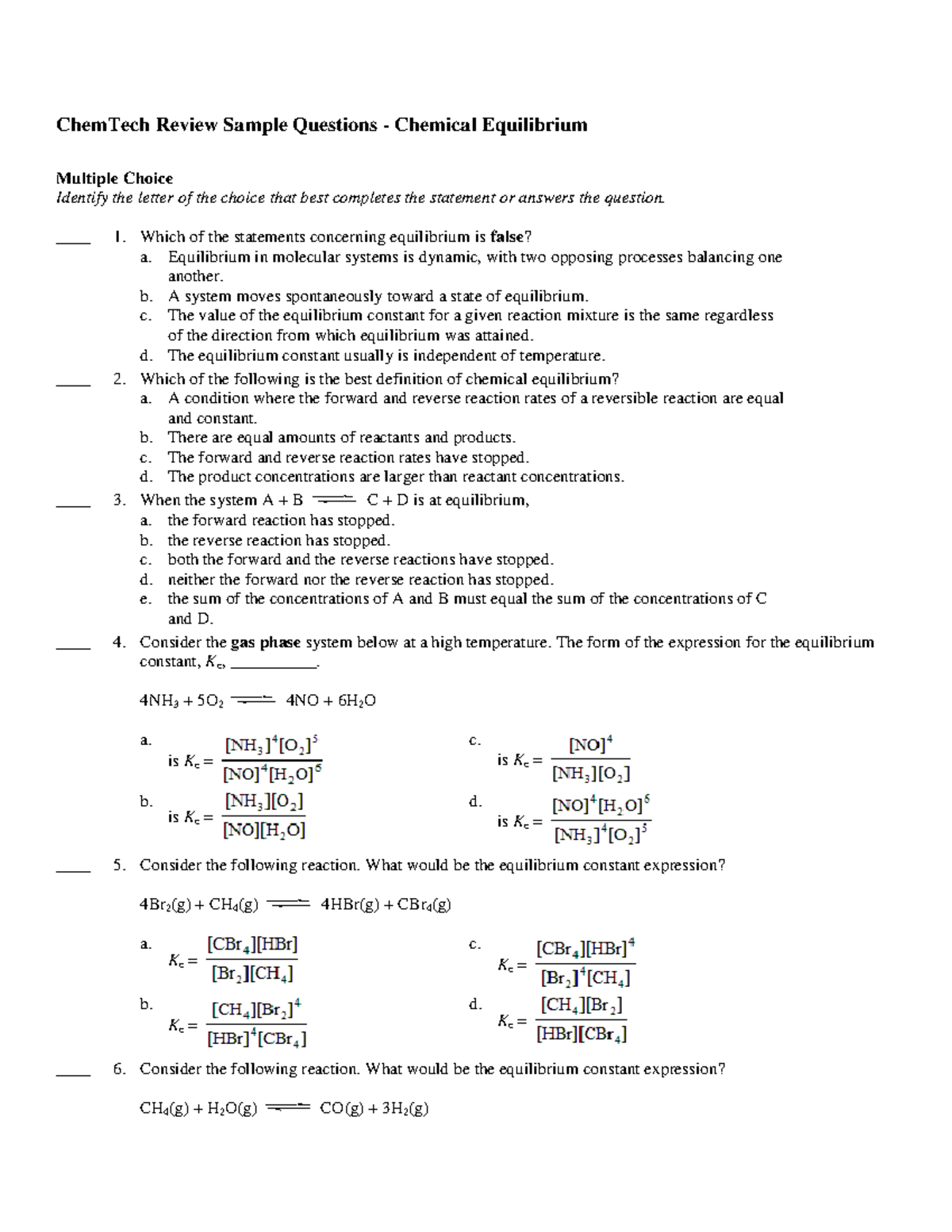 Equilibrium Practice Problem - ChemTech Review Sample Questions ...