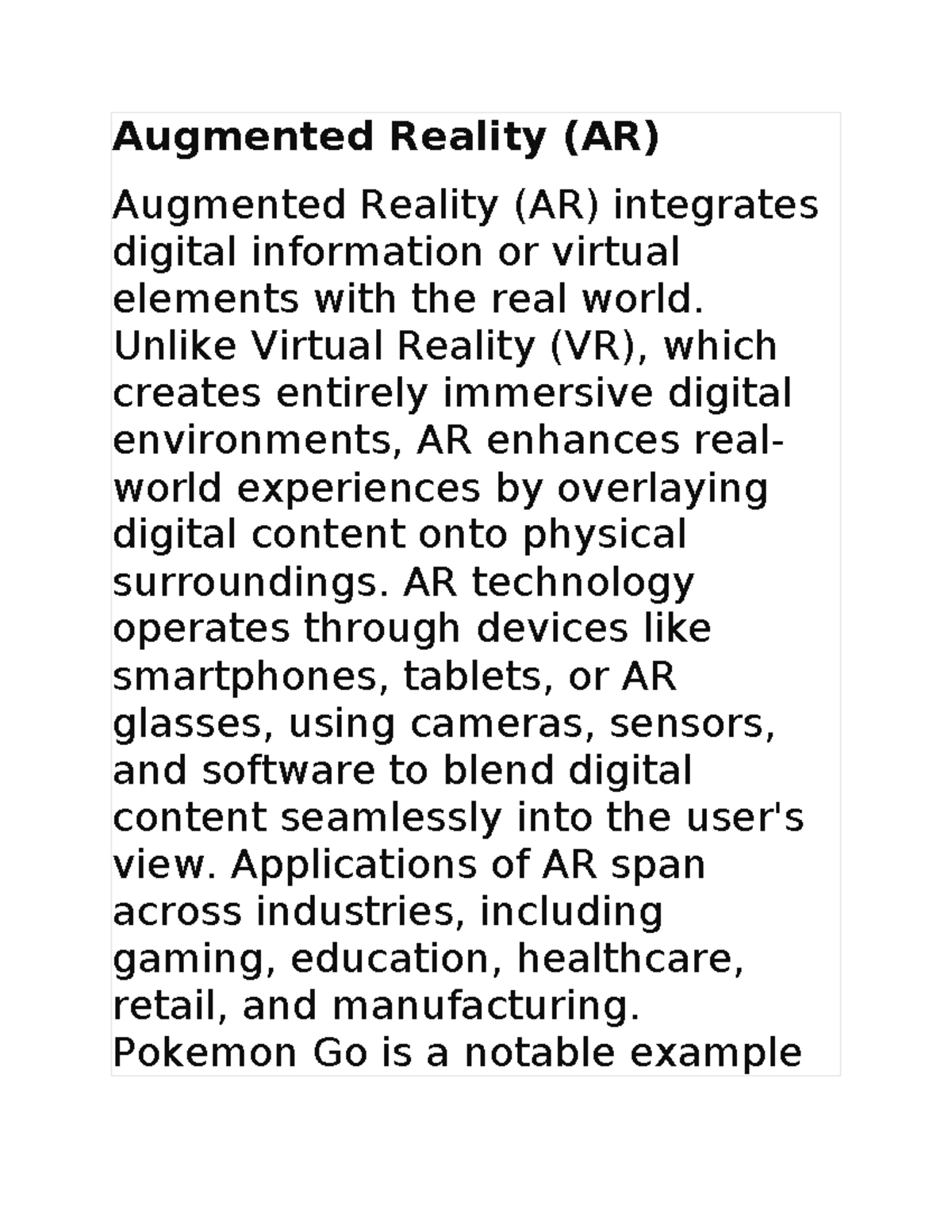 Augmented Reality.docx - Augmented Reality (AR) Augmented Reality (AR ...