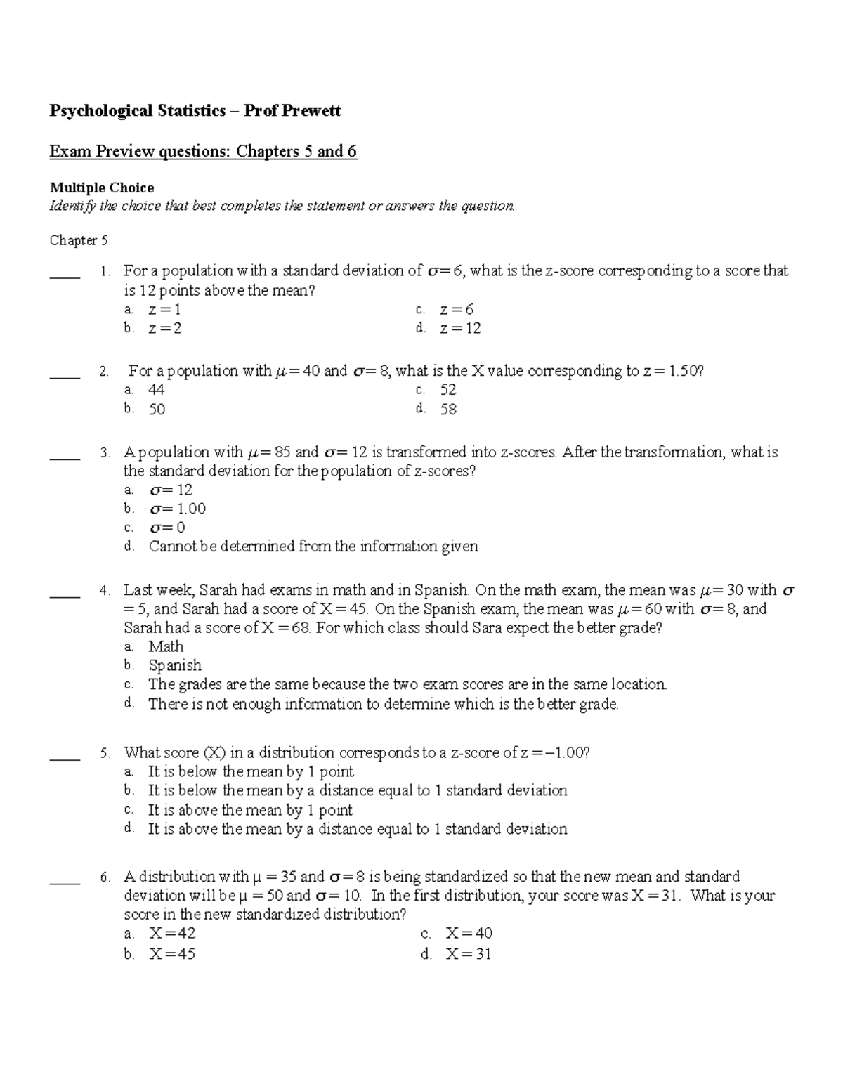 Ch. 5 and 6 example questions - Psychological Statistics – Prof Prewett ...