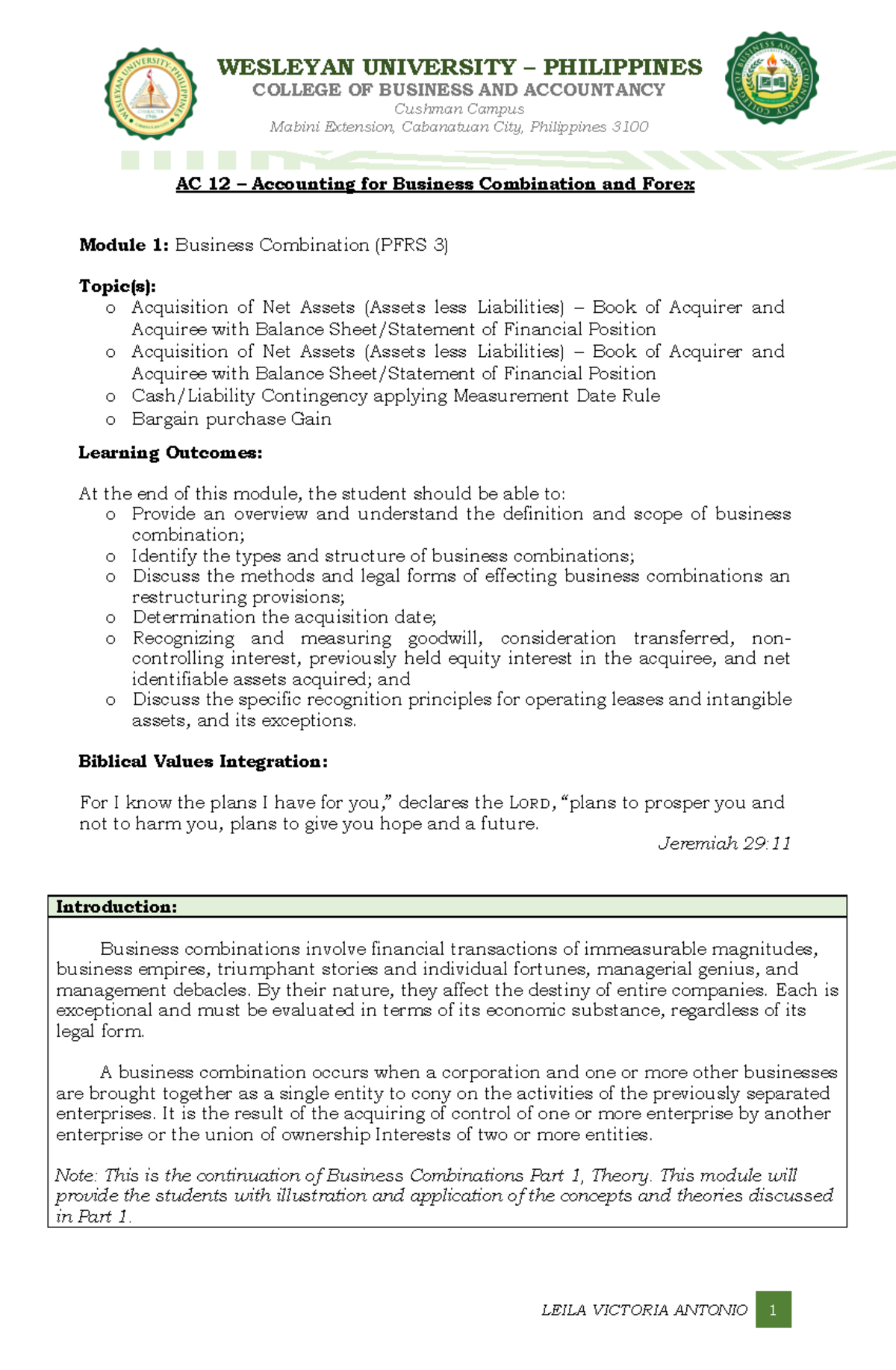 AC 12 Class Module 1 Part 2 (PFRS 3 Problems) - COLLEGE OF BUSINESS AND ...