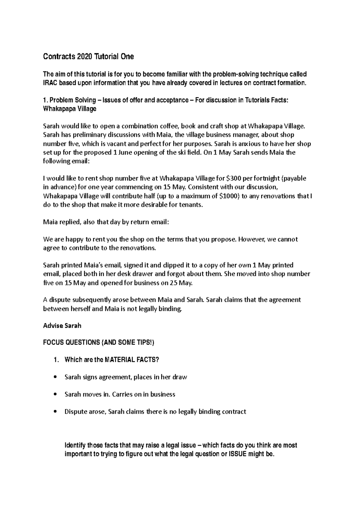 Contracts 2020 Tutorial One answers - Contracts 2020 Tutorial One The ...