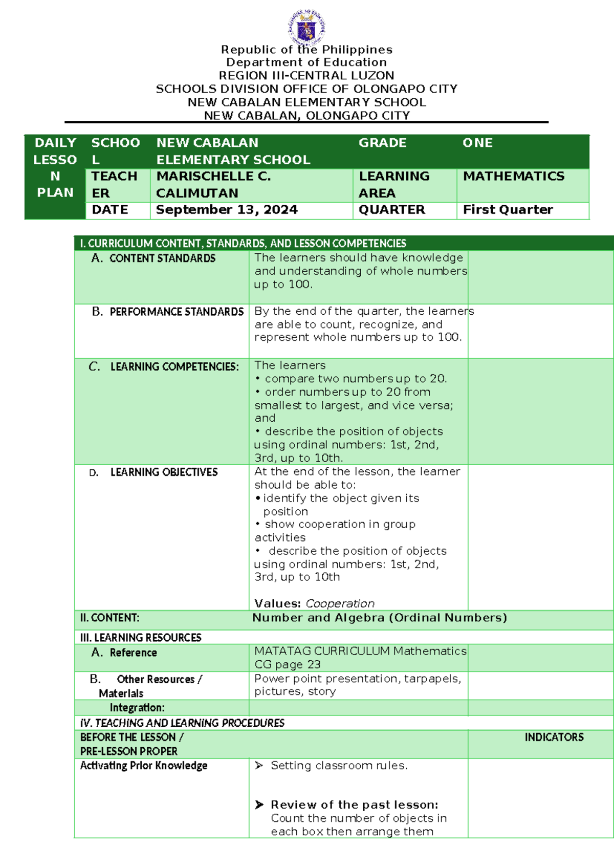 DLP- COT 1- Math - Lesson plan in teaching Math 1 - Republic of the ...