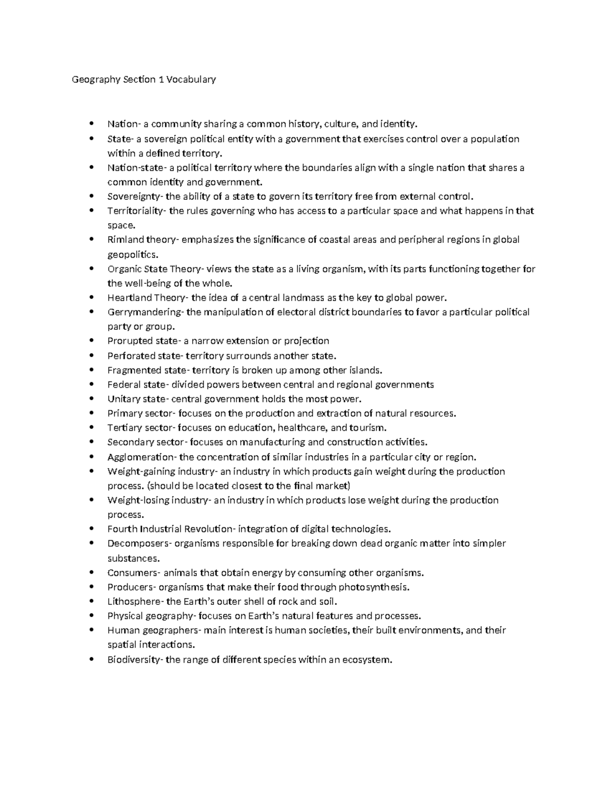 Geography Section 1 Vocabulary - Geography Section 1 Vocabulary Nation ...