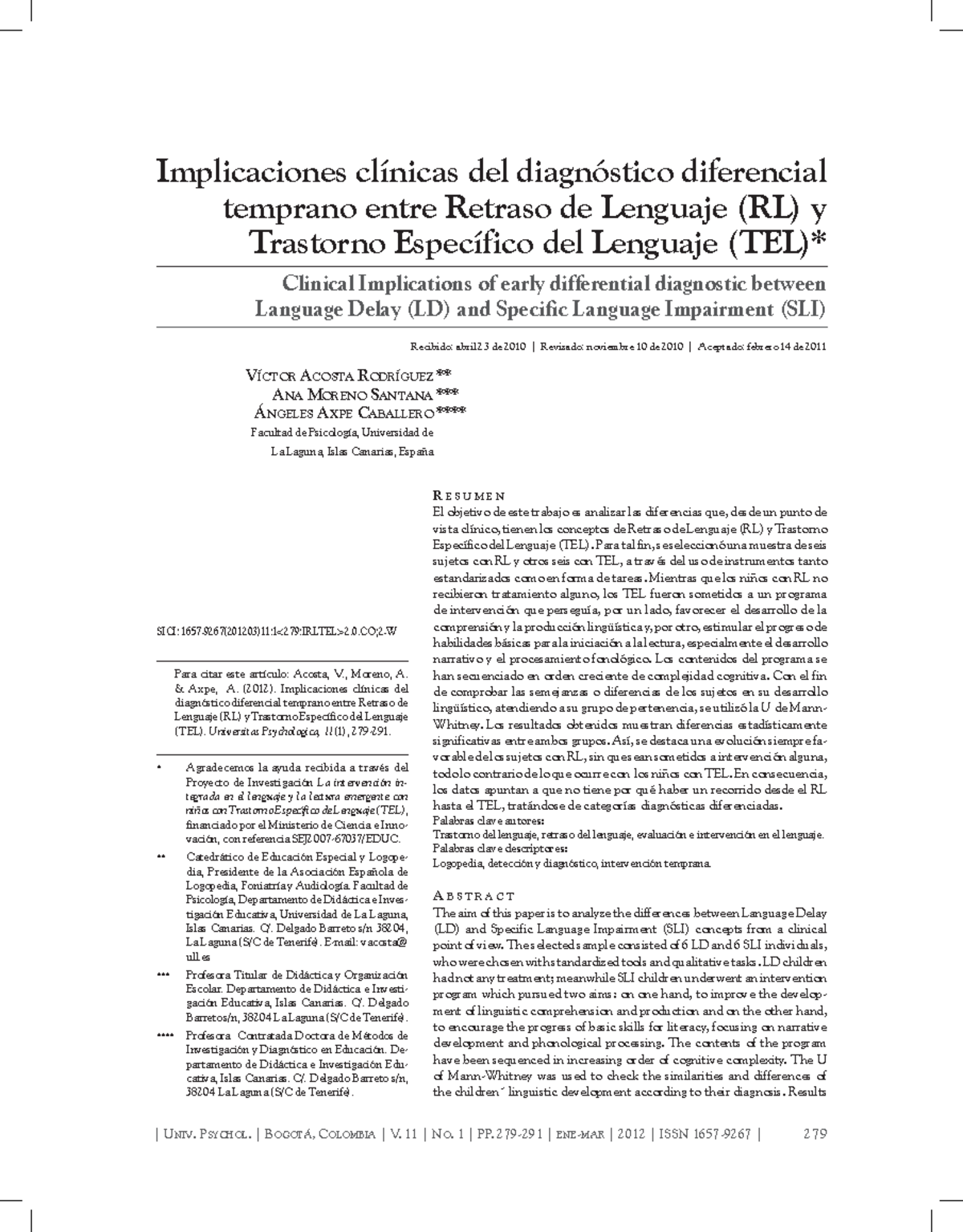 Acosta, V, Moreno, A AXPE, A (2012 ) Retraso del Lenguaje y TEL - U niv ...