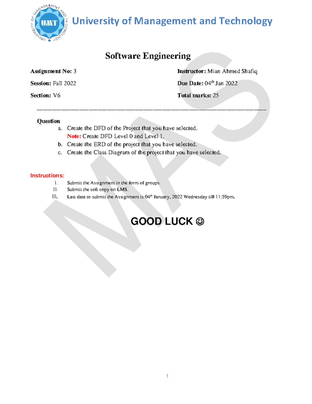 UMT SE Assignment 3 - Lecture Notes - University of Management and ...