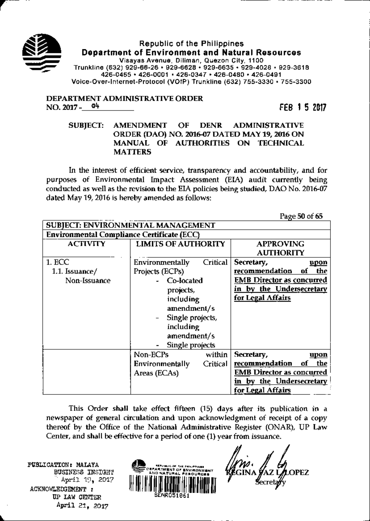 Amendment OF DENR Administrative Order (DAO) NO. 2016-07 Dated MAY 19 ...