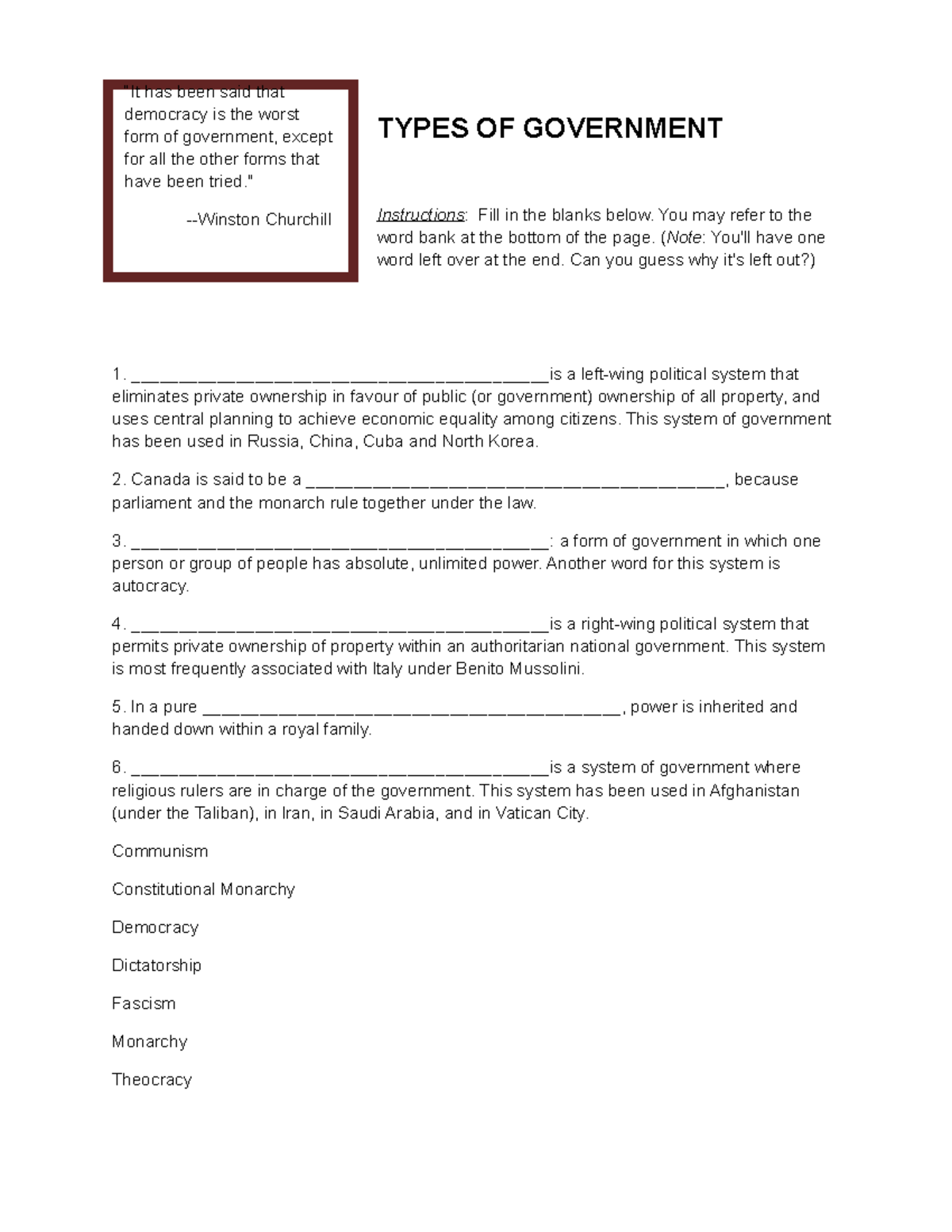 Types of Government worksheet - TYPES OF GOVERNMENT Instructions: Fill ...