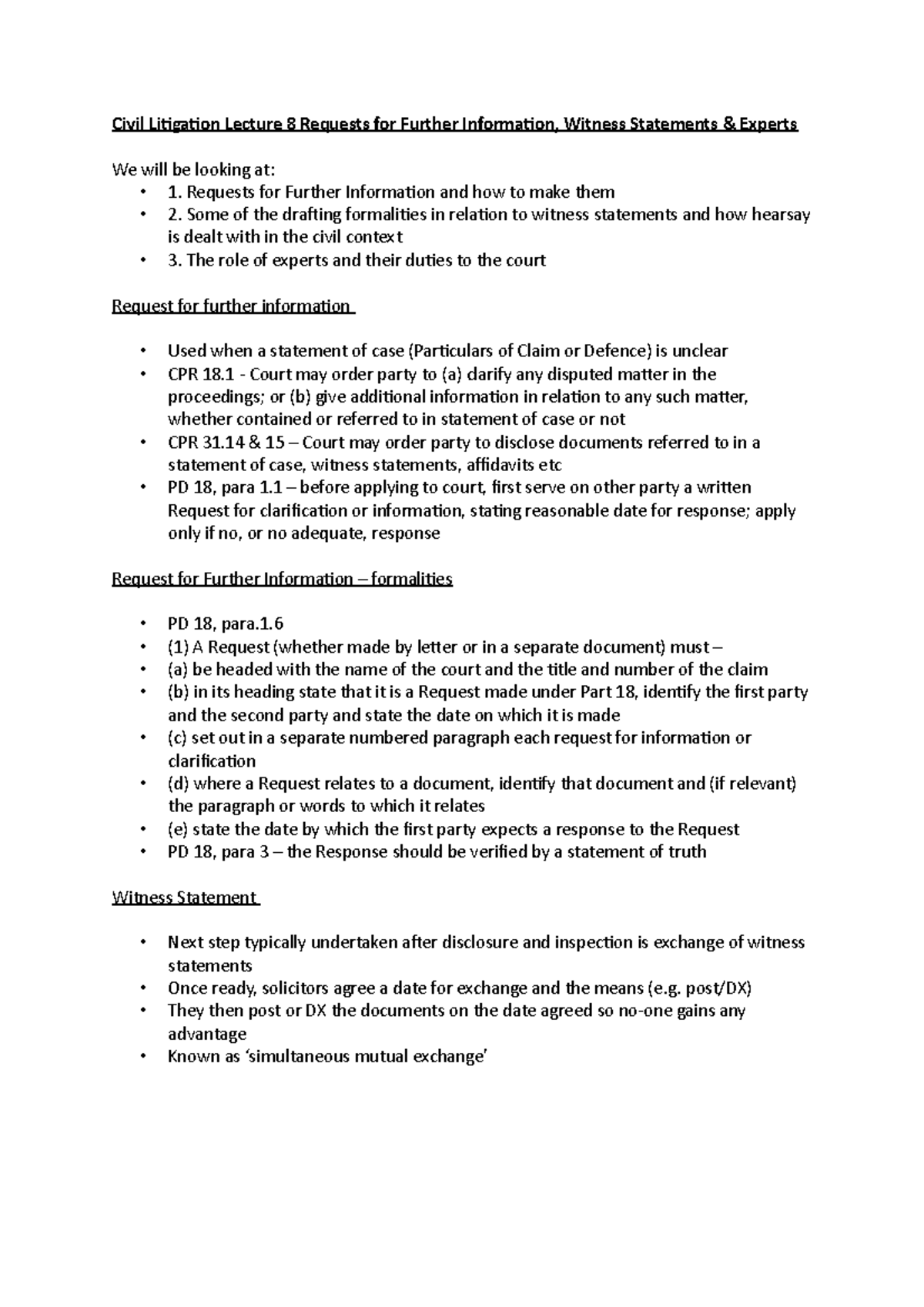 Civil Litigation Lecture 8 Requests for Further Information - Requests ...