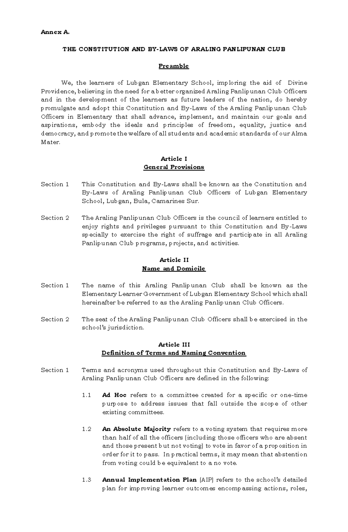 Araling-Panlipunan-CBL - Annex A. THE CONSTITUTION AND BY-LAWS OF ARALING PANLIPUNAN CLUB ...
