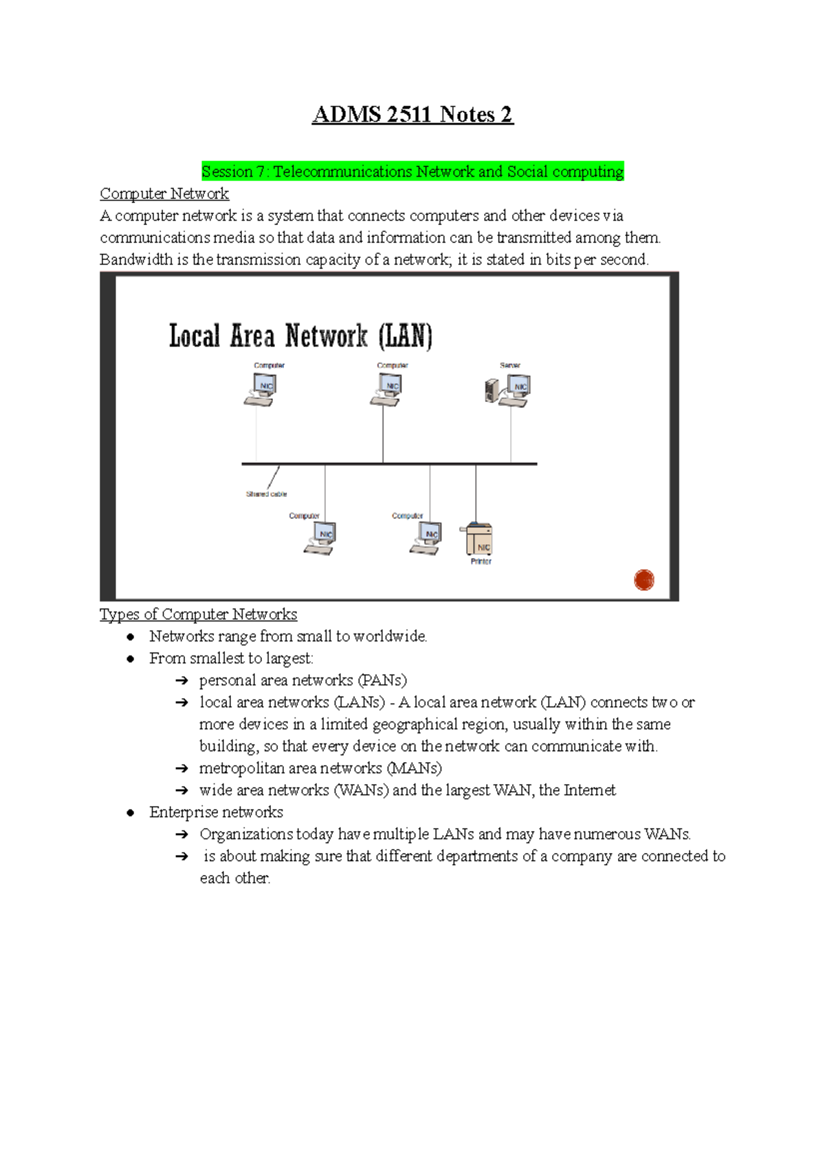 ADMS 2511 Notes 2 - ADMS 2511 Notes 2 Session 7: Telecommunications ...