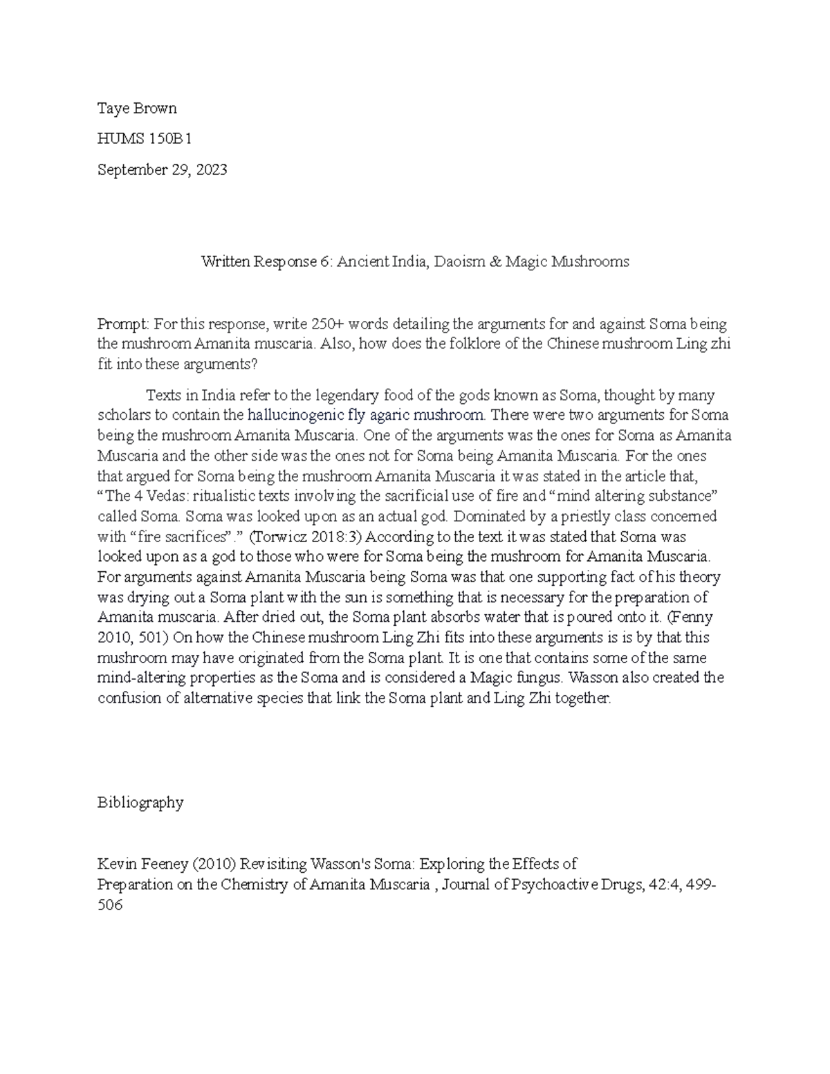 Written Response Template - Taye Brown HUMS 150B September 29, 2023 ...