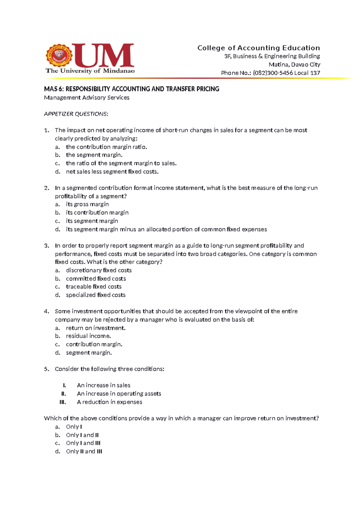 MAS 6 Responsibility Accounting and Transfer Pricing - College of Accounting Education 3F ...