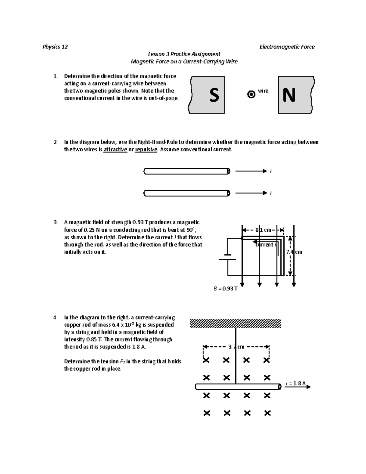 Assignment - 27 - Physics - 12 - Physics 12 Electromagnetic Force ...