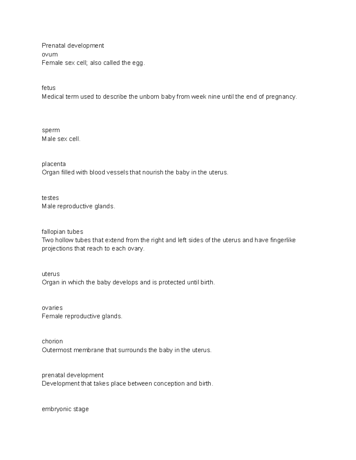 Prenatal development notes - Prenatal development ovum Female sex cell ...