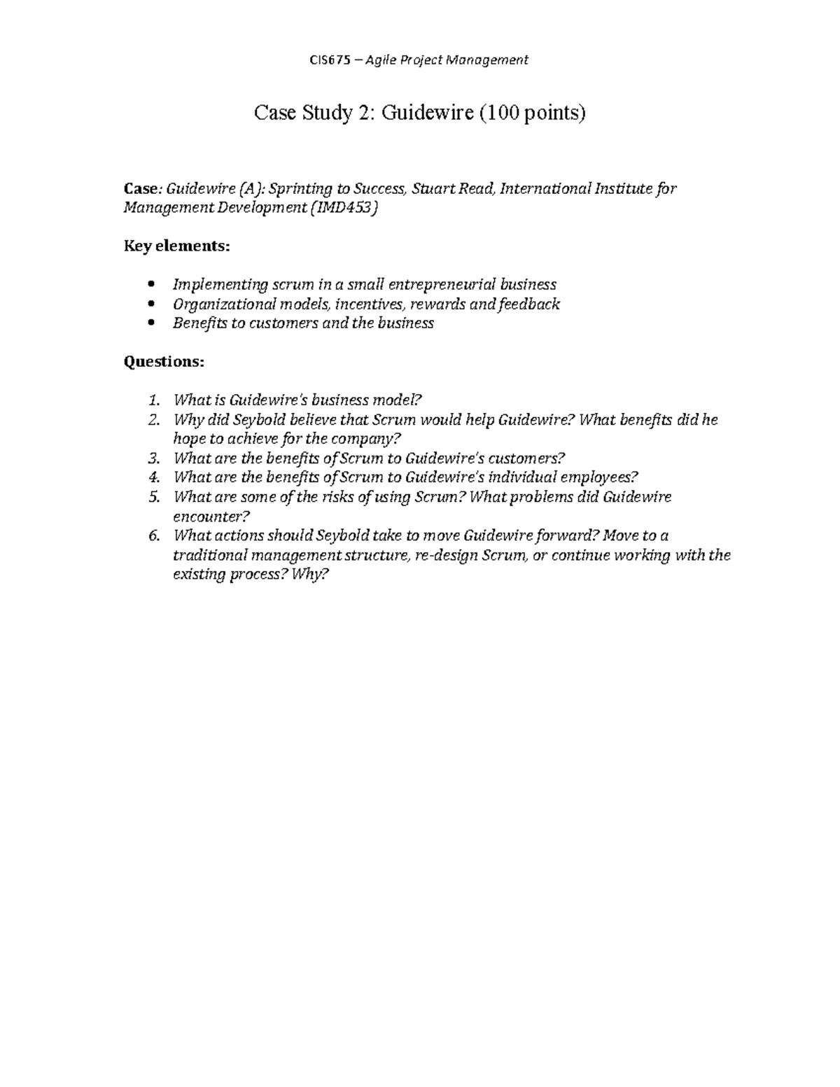 2019 1014180951 case study 2 guidewire - CIS675 – Agile Project ...