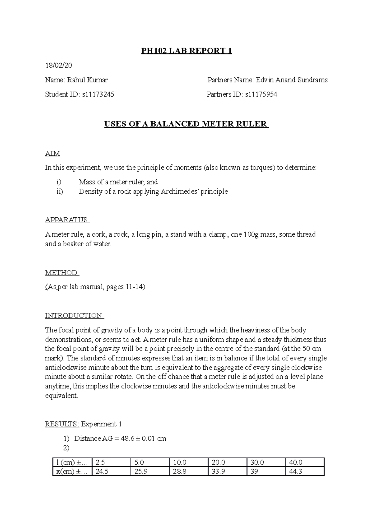 P H102 LAB Report 1 2020 - PH102 LAB REPORT 1 18/02/ Name: Rahul Kumar ...