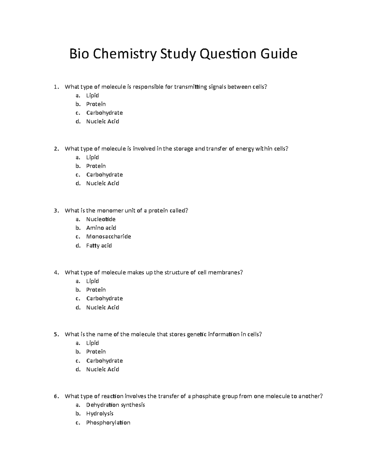 Bio Chemistry Study Guide - Bio Chemistry Study Question Guide What ...