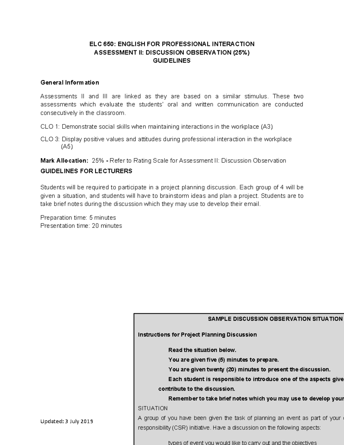 DO guidelines - untuk discussion observation - Page 1 of 1 Updated: 3 July 2019 ELC 650: ENGLISH ...