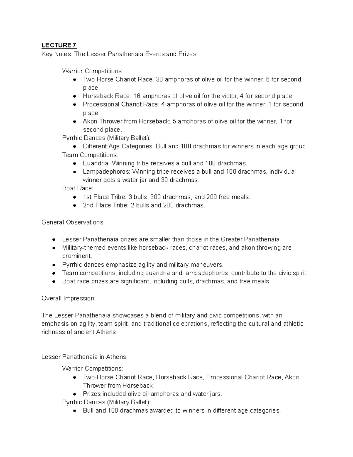 Classics Midterm 2 Notes - LECTURE 7 Key Notes: The Lesser Panathenaia ...