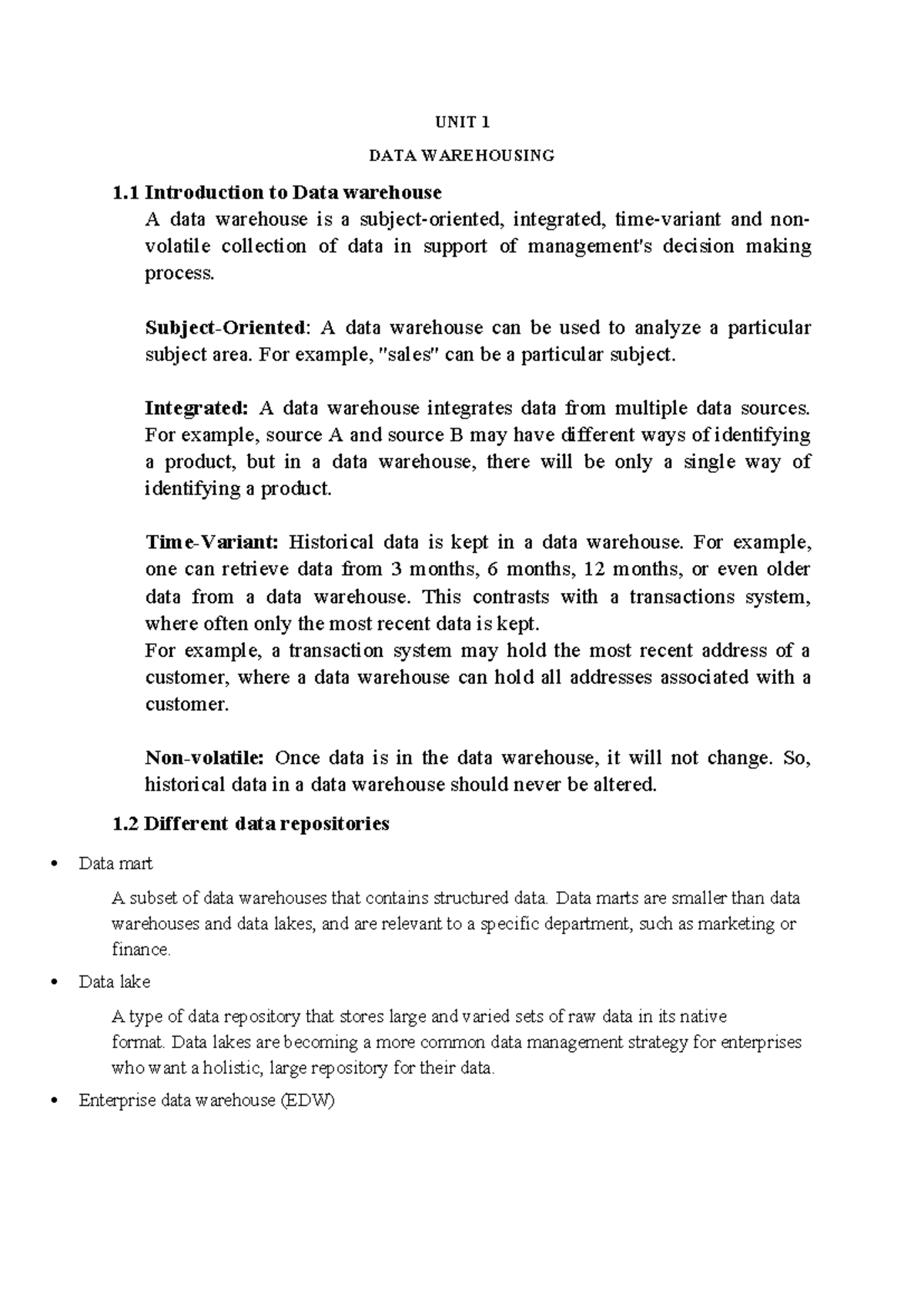 Unit 1 Notes Nil Unit 1 Data Warehousing 1 Introduction To Data Warehouse A Data Warehouse