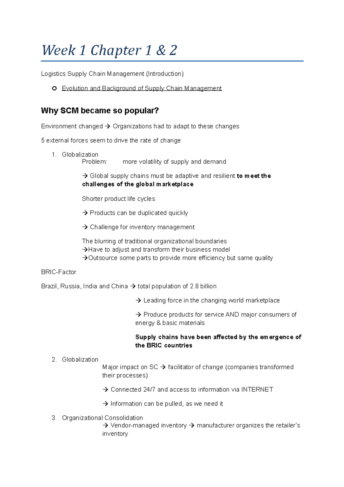 Supply Chain Management Summary - Week 1 Chapter 1 & 2 Logistics Supply ...