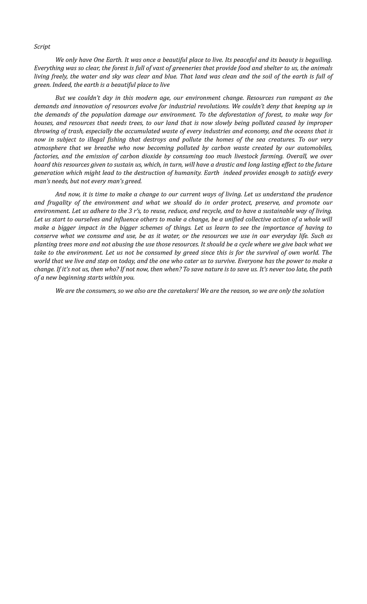 Advocacy Script for environment - Technical Writing - FEU - Studocu