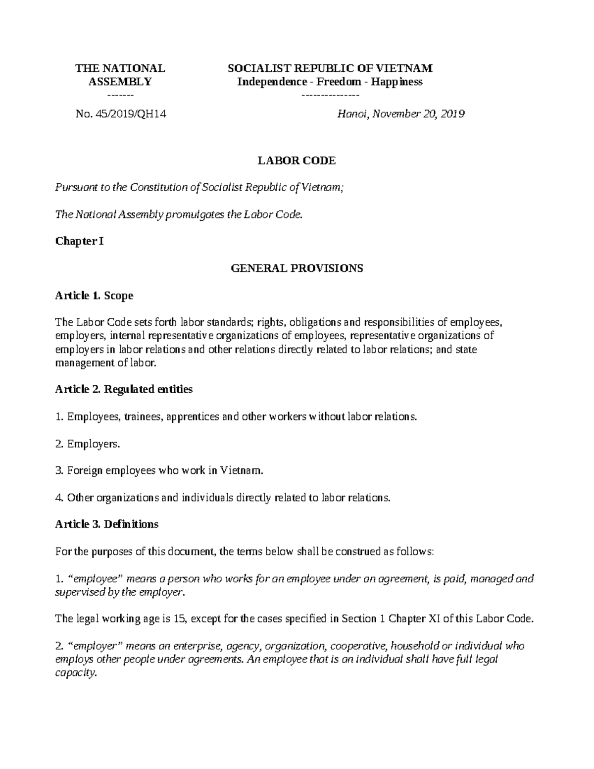 Vietnamese Labor Code 2019 English - THE NATIONAL ASSEMBLY - SOCIALIST ...