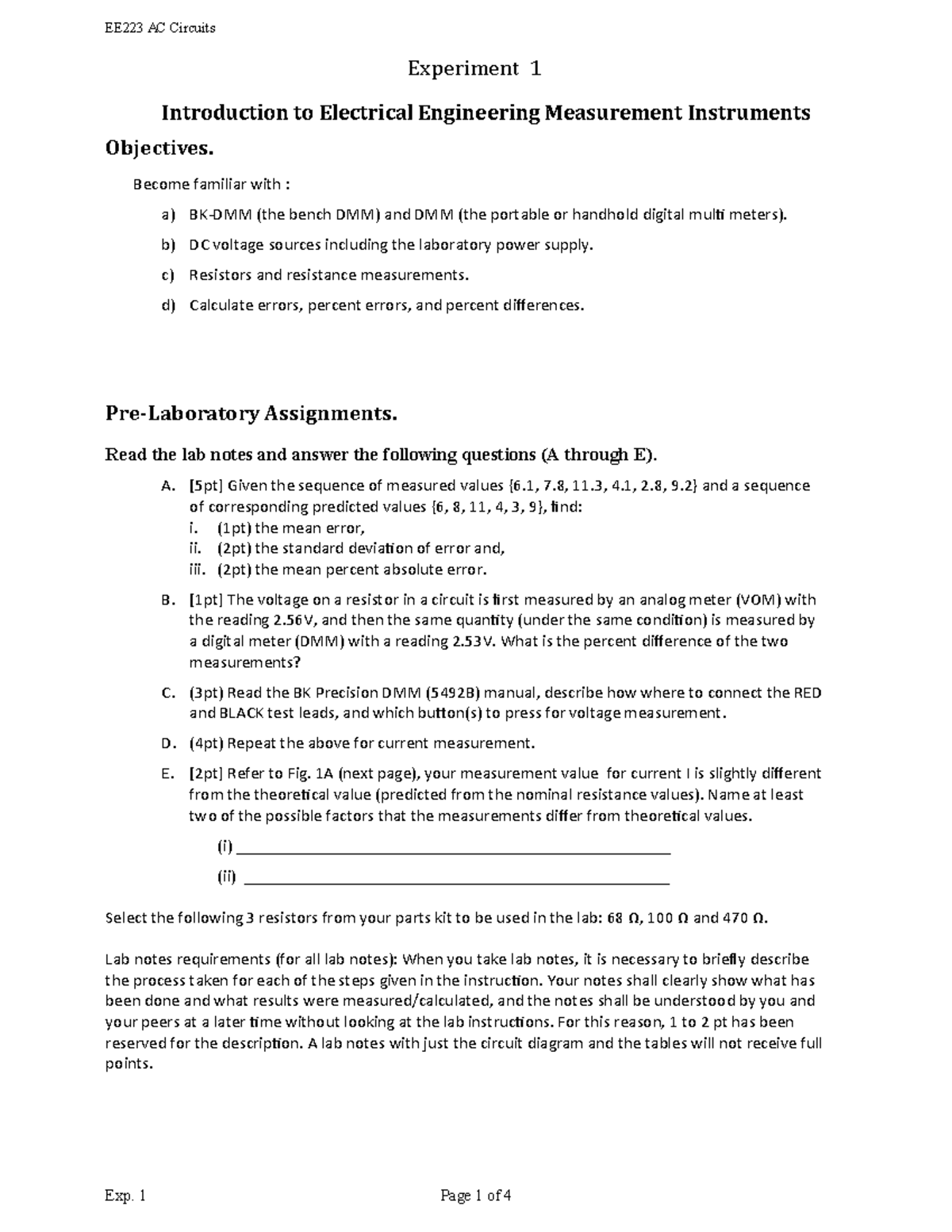 Exp1 DC Meters And Measurements - Experiment 1 Objectives. Become familiar with : a) BK-DMM (the ...