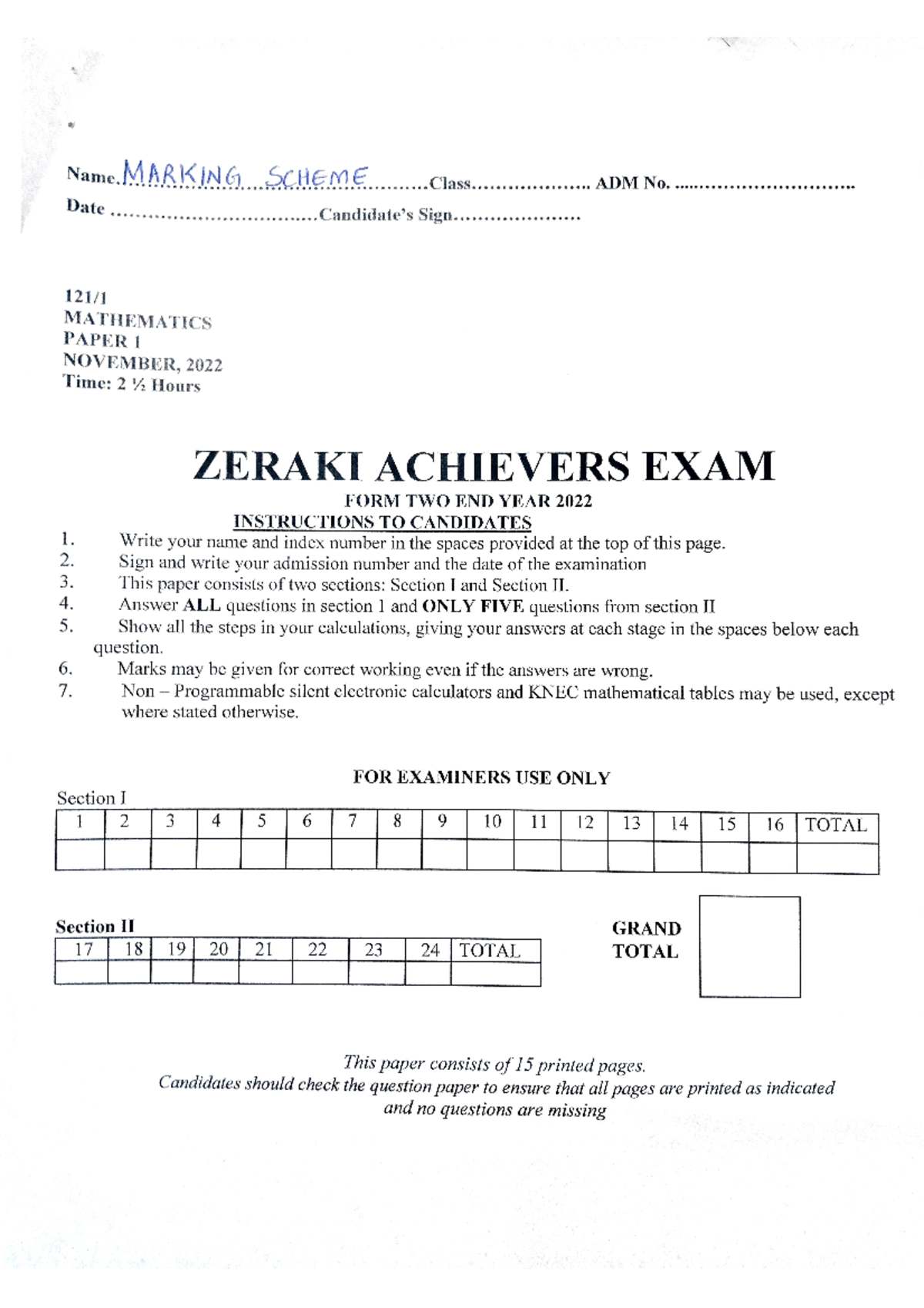 Mathematics - Mathematics Form 2 - Marking Scheme - Education - Studocu