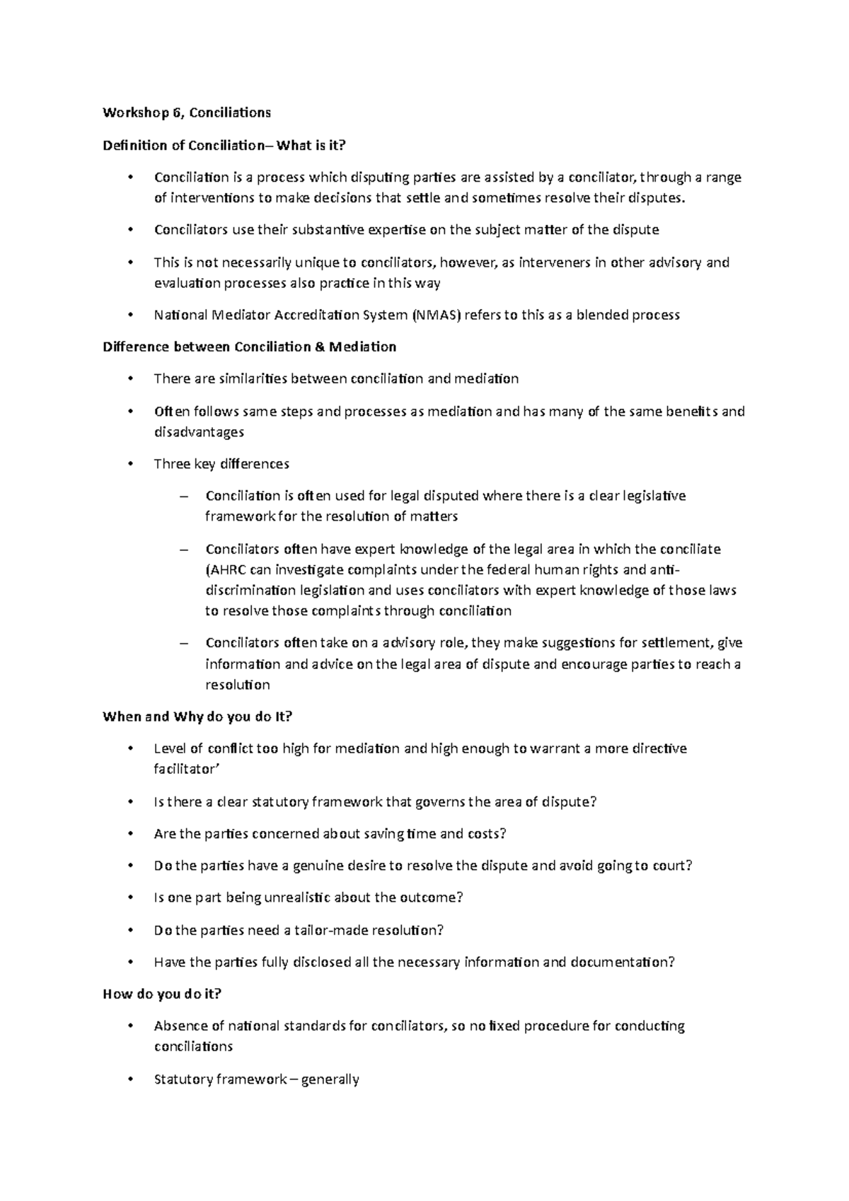 Workshop 6 - Week 6 lecture notes - Workshop 6, Conciliations ...