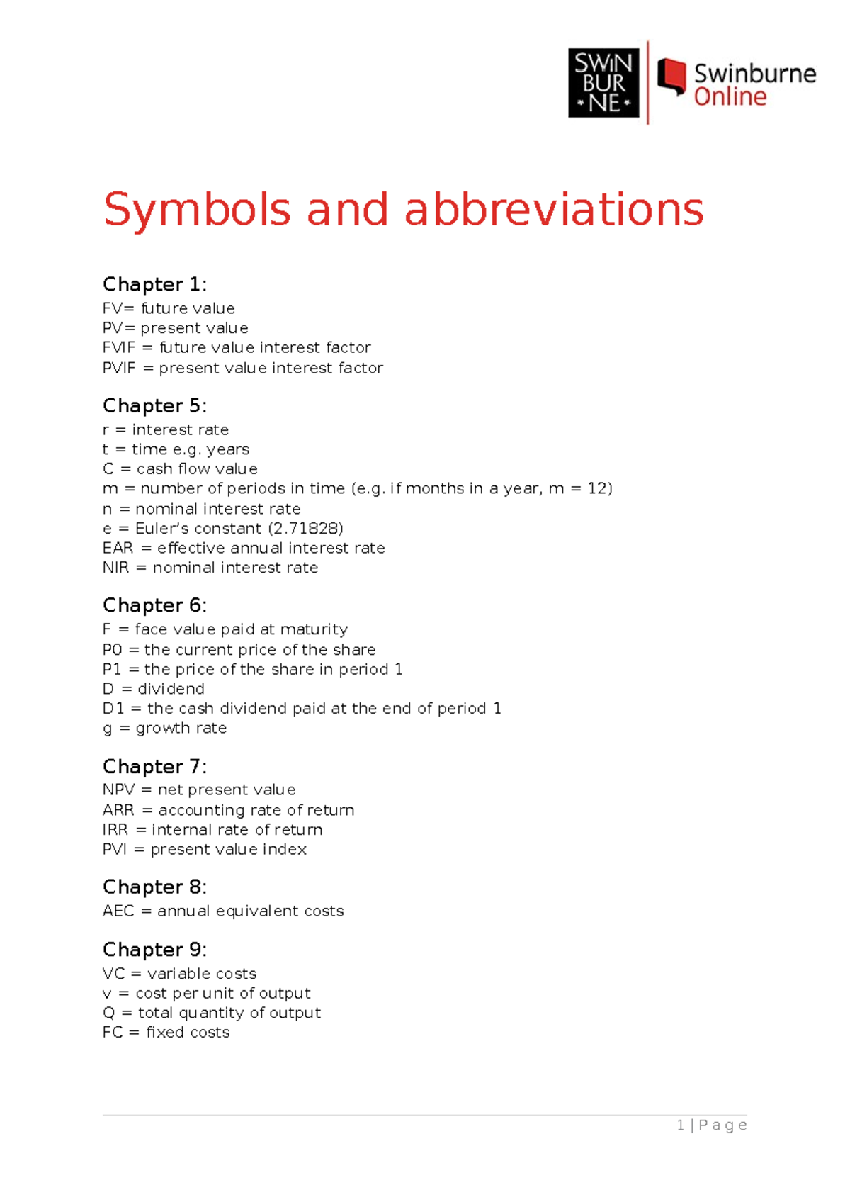 Abbreviations and symbols - Symbols and abbreviations Chapter 1: FV ...