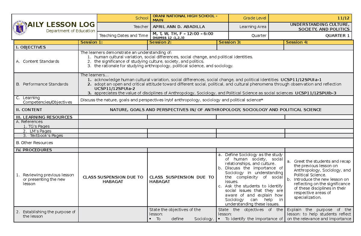 notes and lecture - DAILY LESSON LOG Department of Education School ...