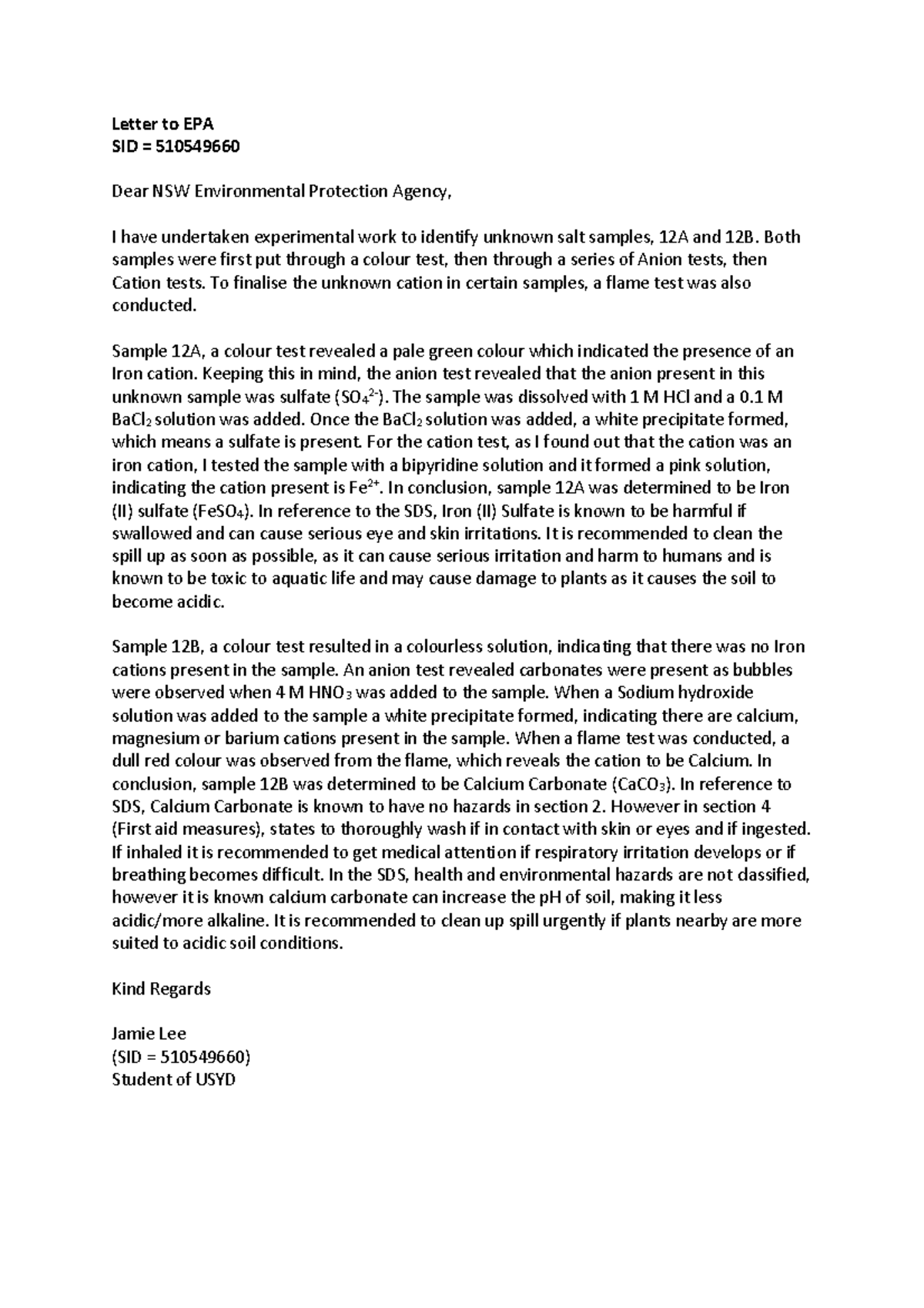 Letter to EPA Chemistry1X11 Lab Programme - Letter to EPA SID ...