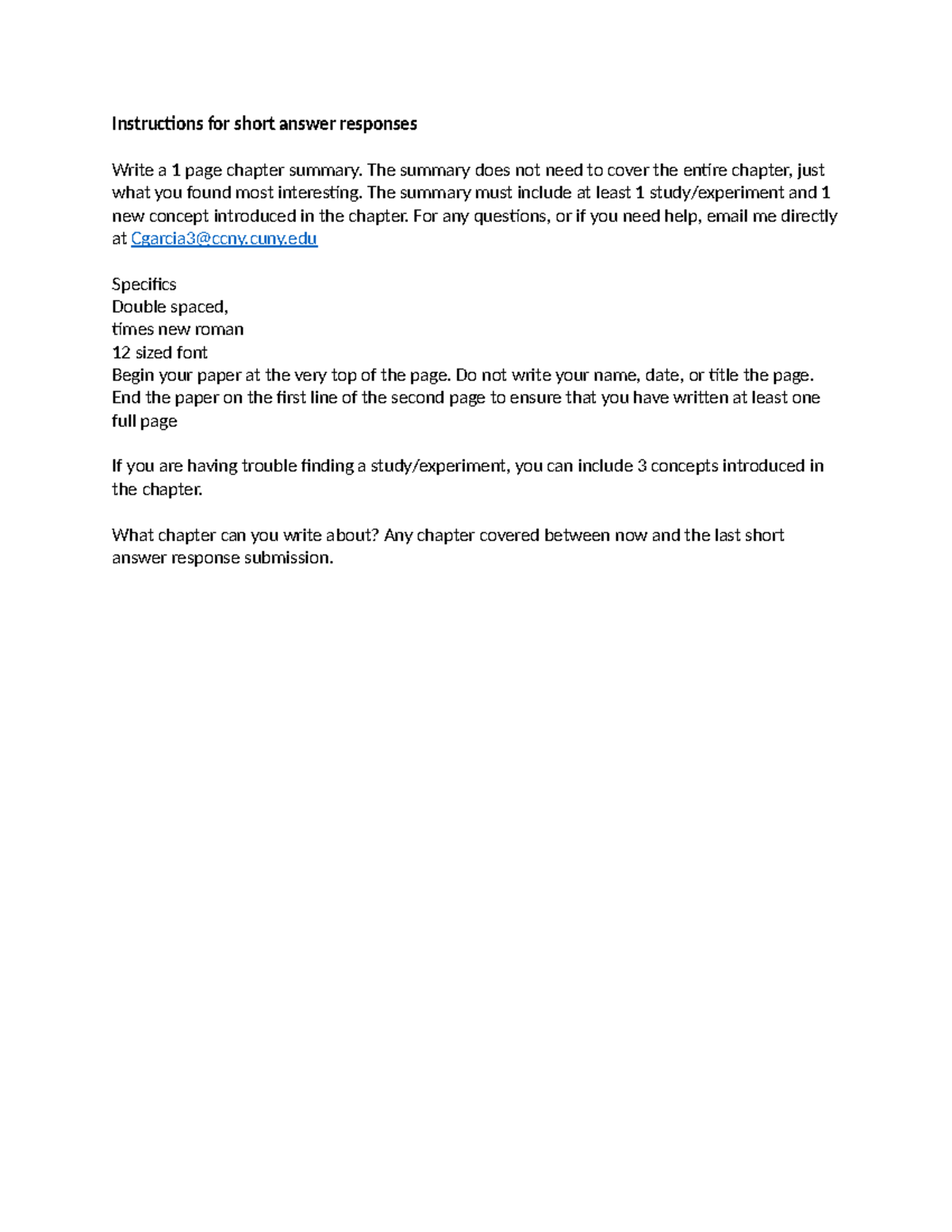 Short answer assignment instructions - Instructions for short answer ...